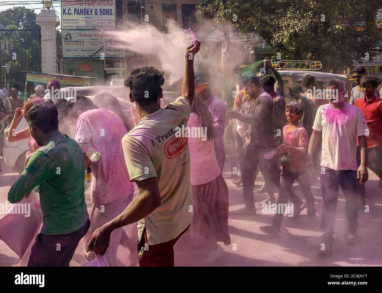 Mathura Vrindavan, Uttar Pradesh, India; 21-Feb-2019; crowd playing ...