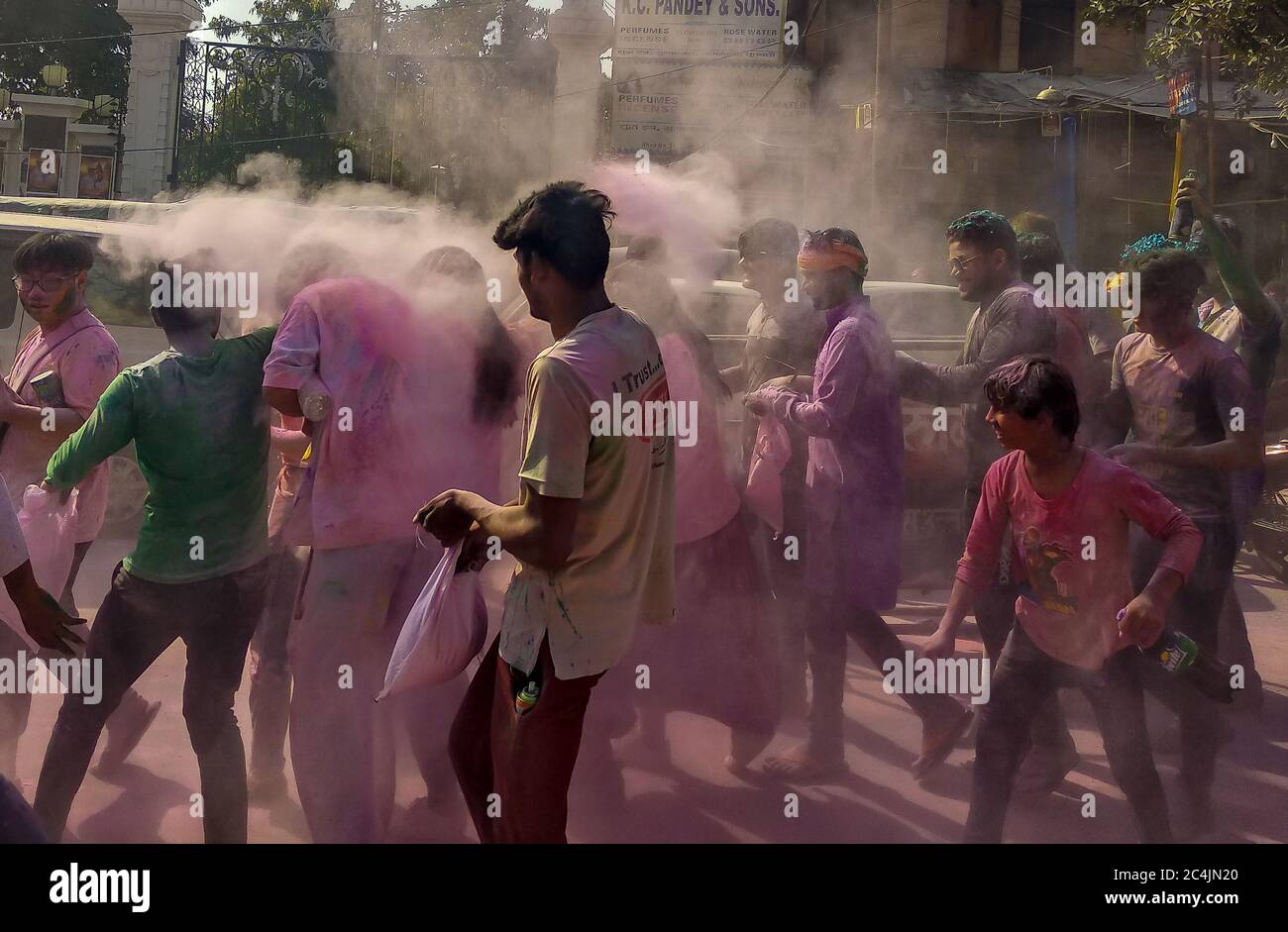 Mathura Vrindavan, Uttar Pradesh, India; 21-Feb-2019; crowd playing ...