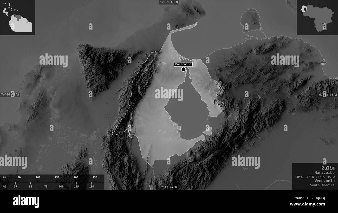 Zulia, state of Venezuela. Grayscaled map with lakes and rivers. Shape ...