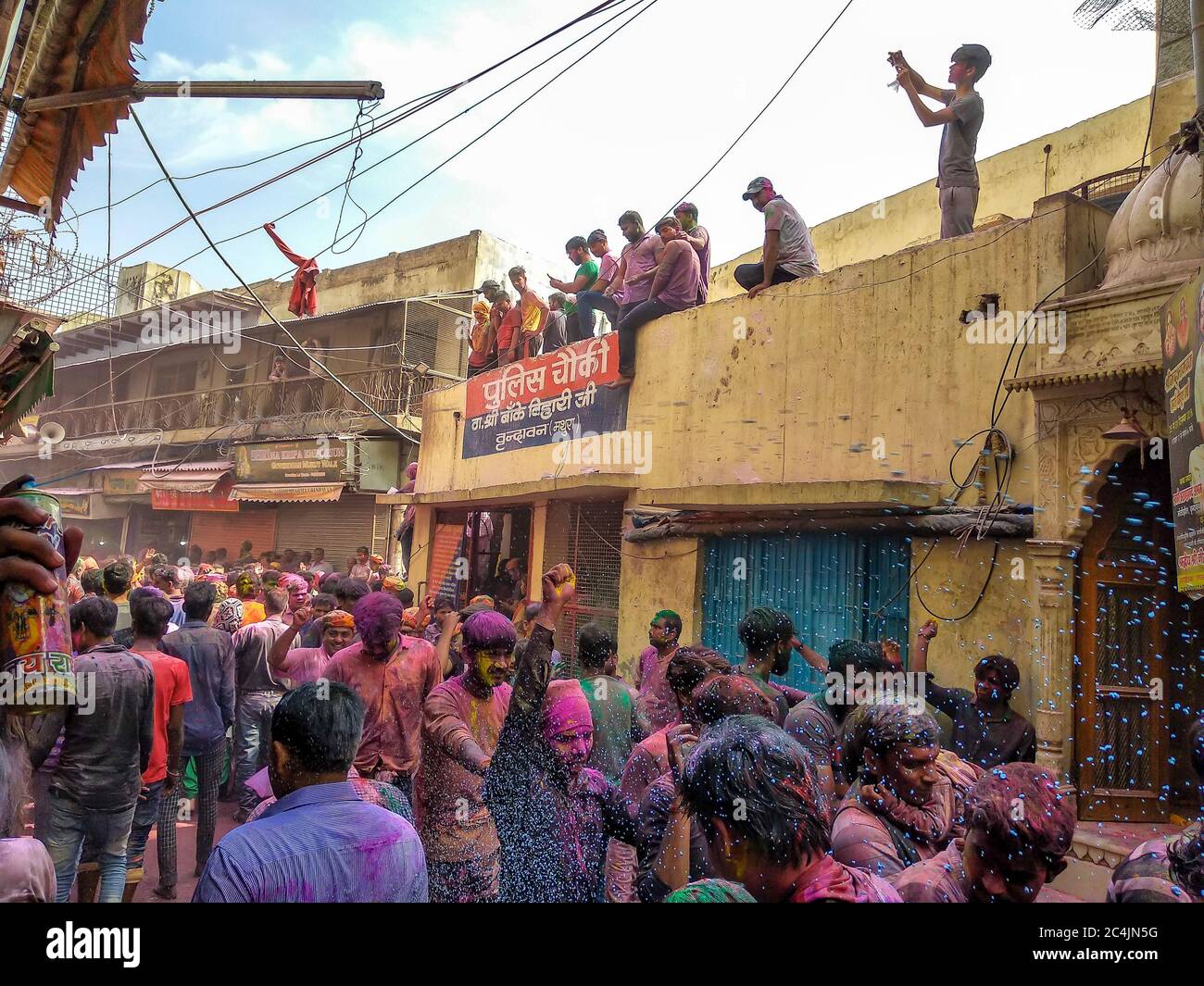 Mathura Vrindavan, Uttar Pradesh, India; 21-Feb-2019; crowd playing ...