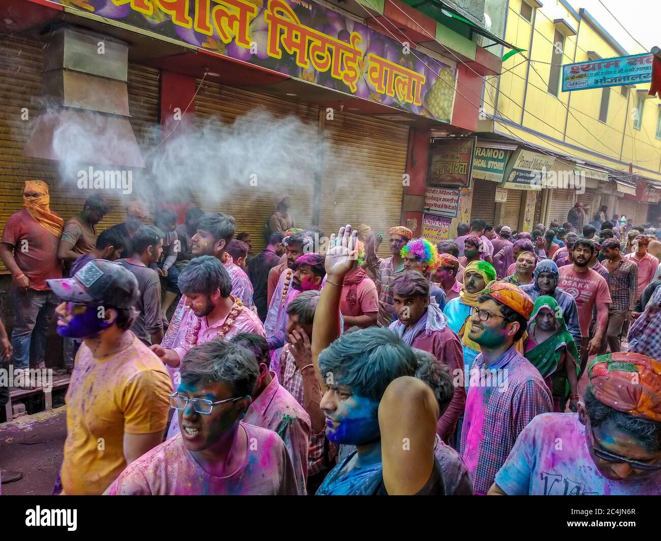 Mathura Vrindavan, Uttar Pradesh, India; 21-Feb-2019; crowd playing ...