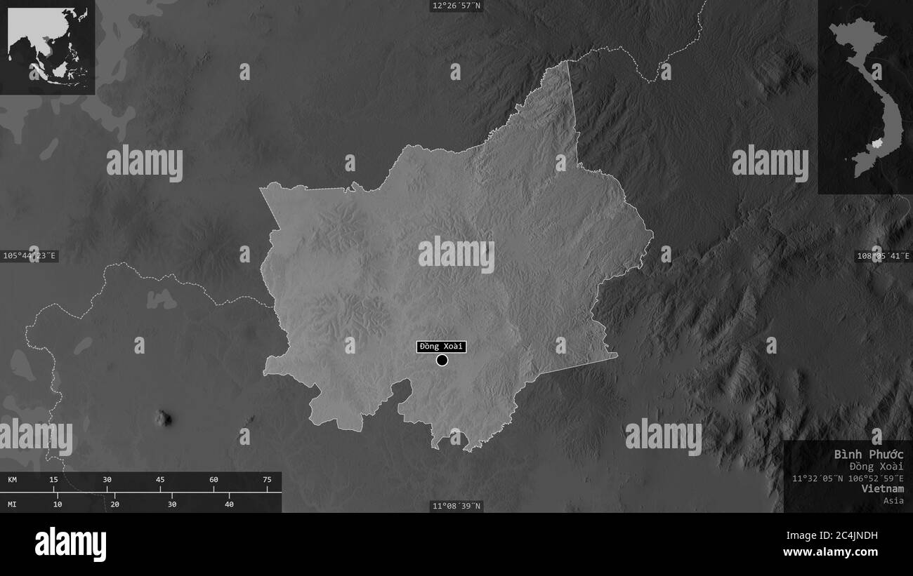 Bình Phước, province of Vietnam. Grayscaled map with lakes and rivers ...