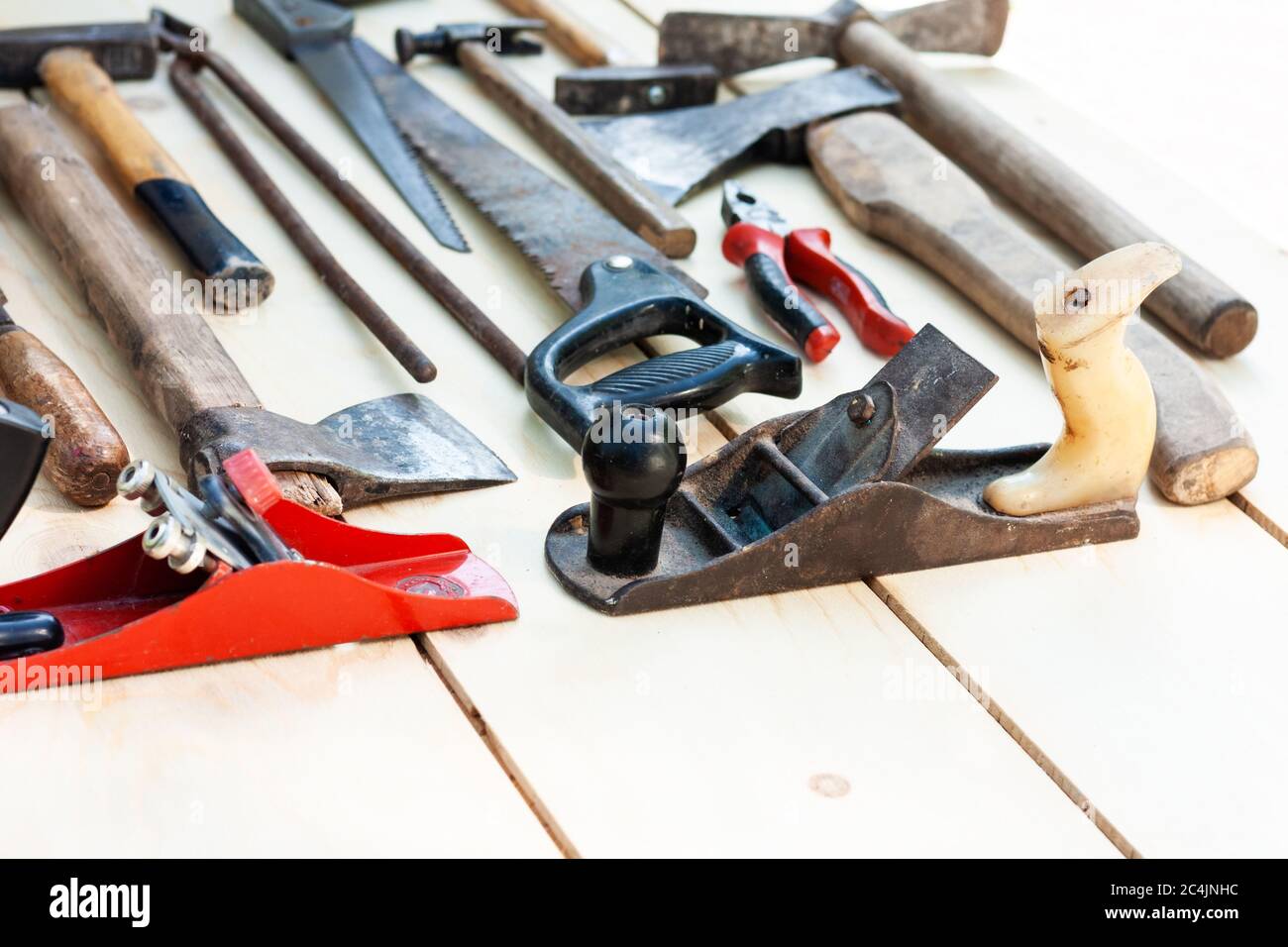 Set of vintage well used hand construction tools for handyman, hammers ...