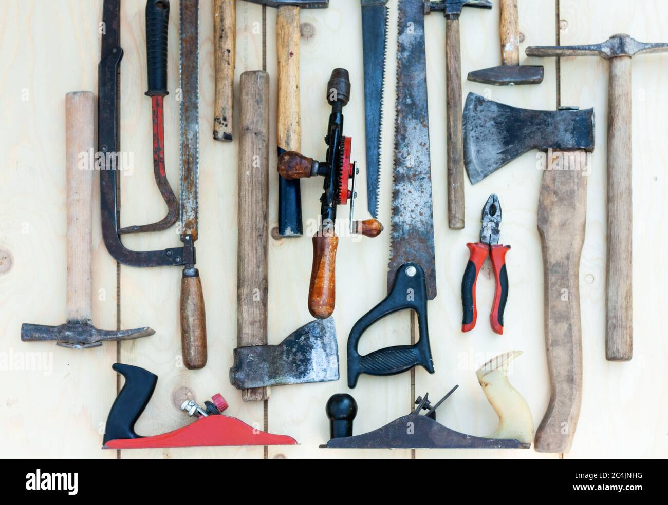 Set of vintage well used hand construction tools for handyman, hammers ...