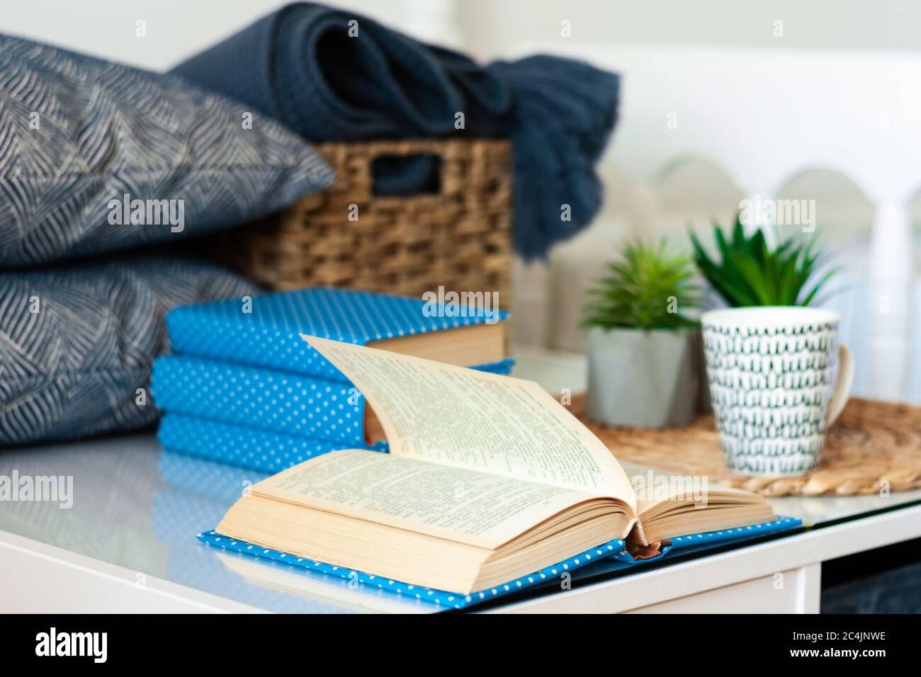Cozy home interior decor: stack of books, plants in pots on a wicker ...