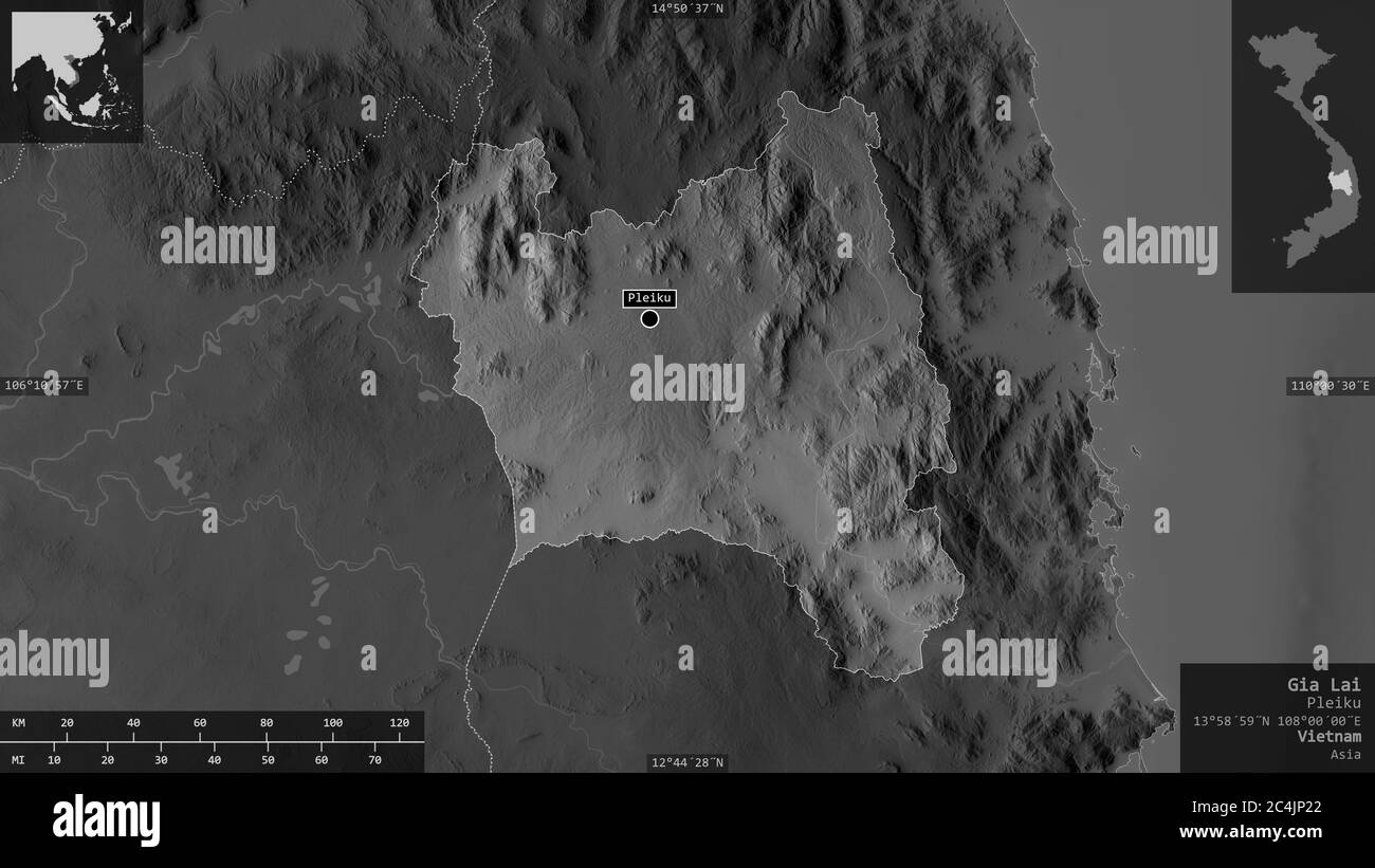 Gia Lai, province of Vietnam. Grayscaled map with lakes and rivers ...