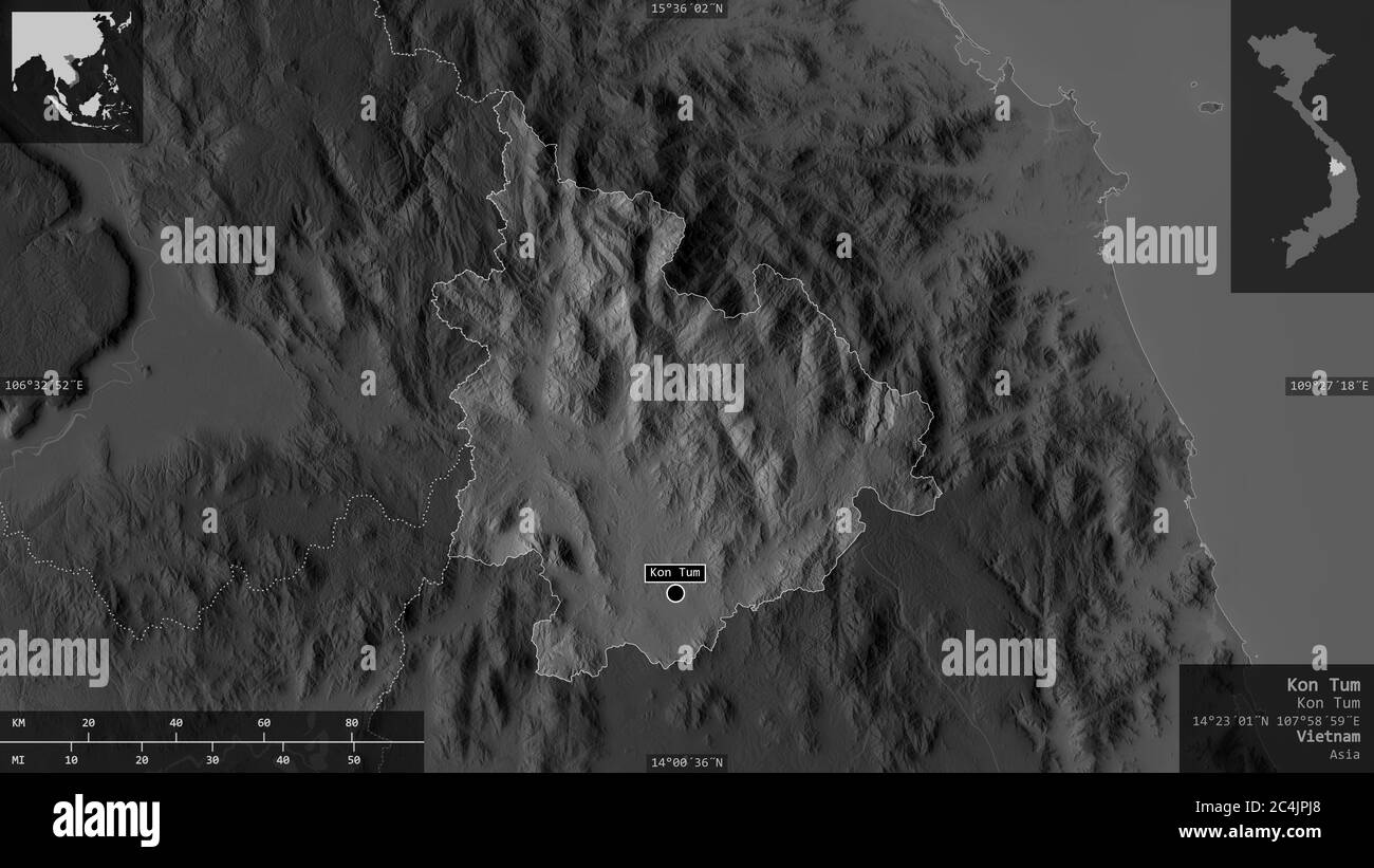 Kon Tum, province of Vietnam. Grayscaled map with lakes and rivers ...
