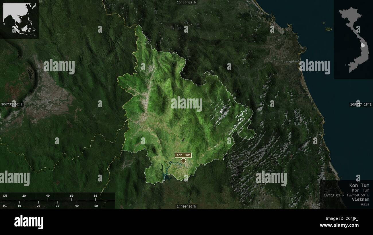 Kon Tum, province of Vietnam. Satellite imagery. Shape presented ...