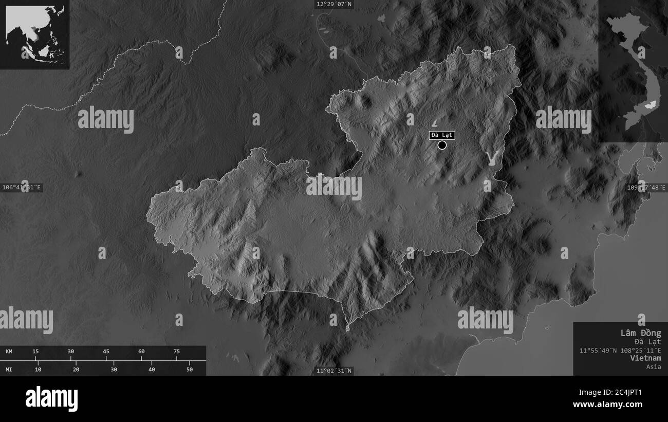Lâm Đồng, province of Vietnam. Grayscaled map with lakes and rivers ...