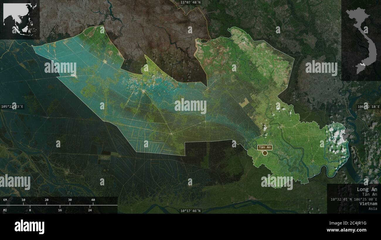 Long An, province of Vietnam. Satellite imagery. Shape presented ...