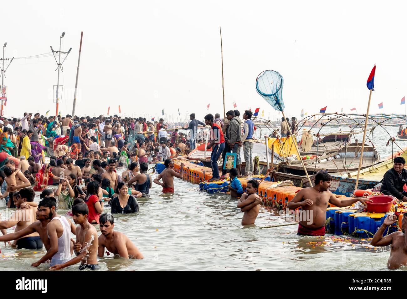 Kumbha Mela, Allahabad, Uttar Pradesh, India; 17-Feb-2019; the holy dip, Triveni Sangam, river ...