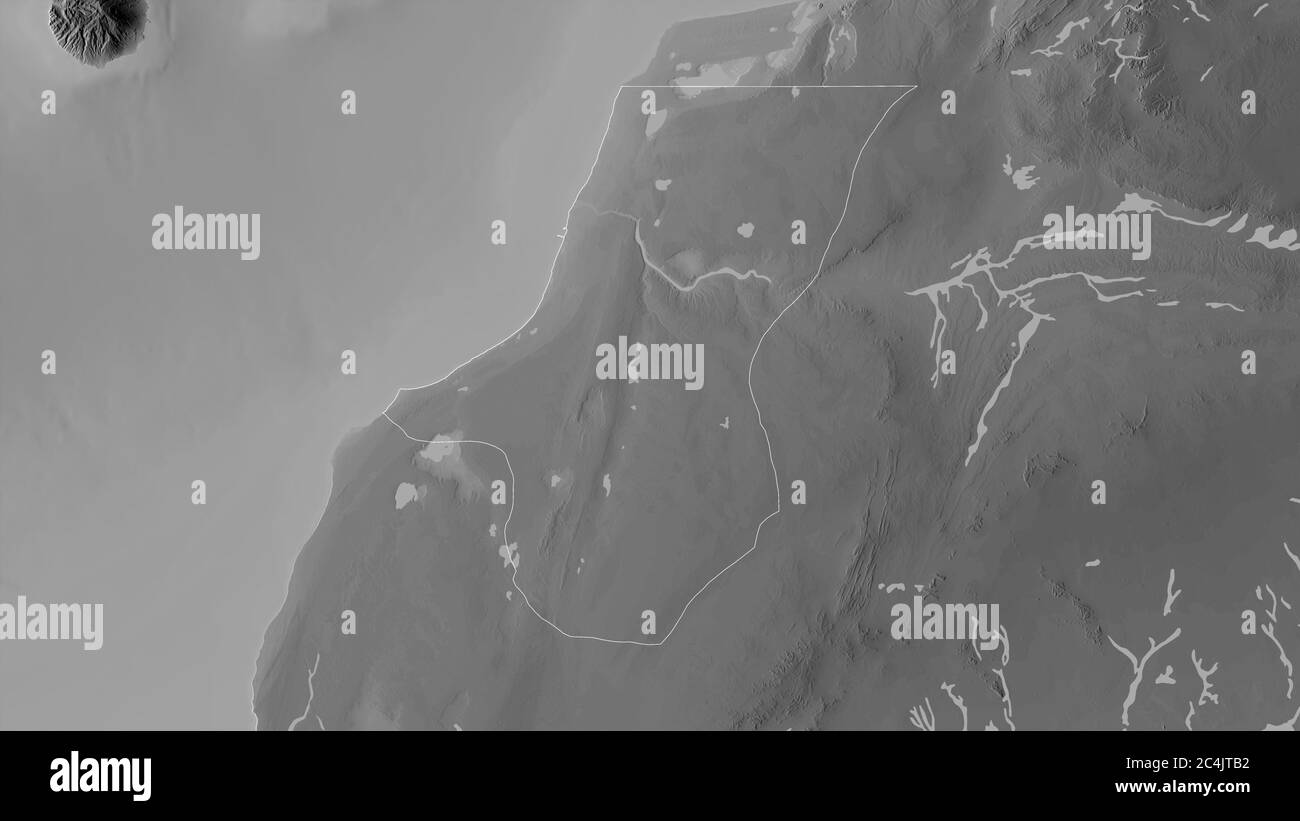 Laayoune, province of Western Sahara. Grayscaled map with lakes and ...