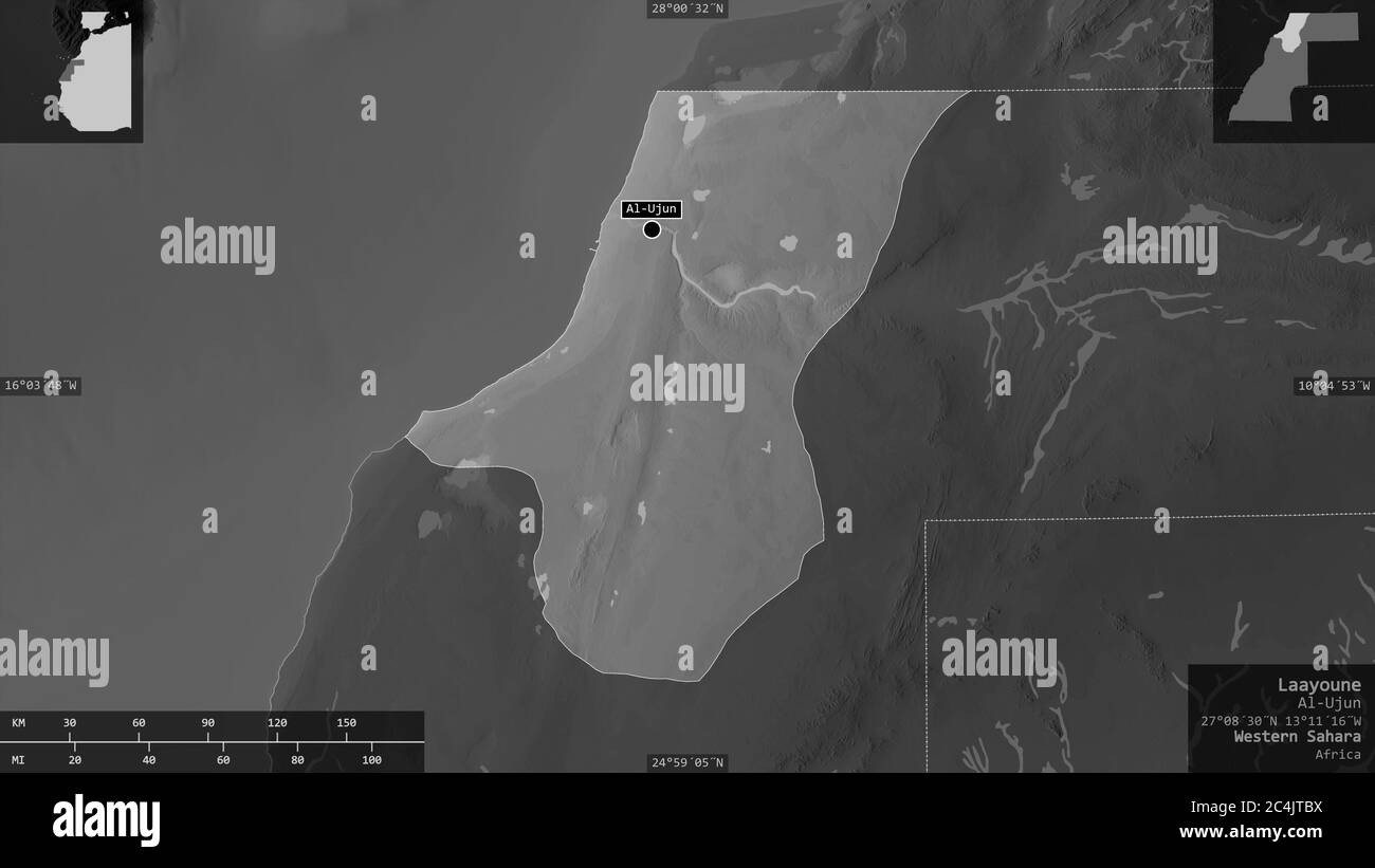 Laayoune, province of Western Sahara. Grayscaled map with lakes and ...