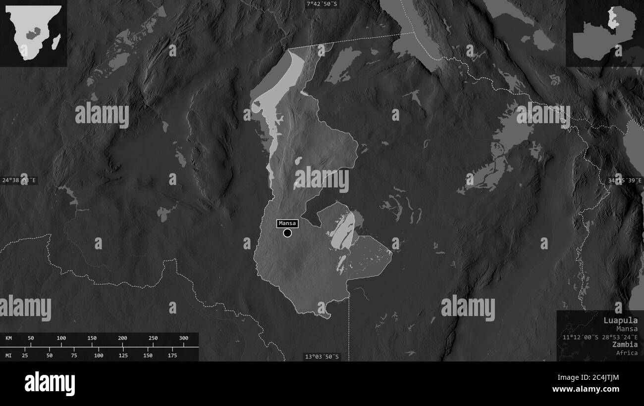 Luapula, province of Zambia. Grayscaled map with lakes and rivers ...