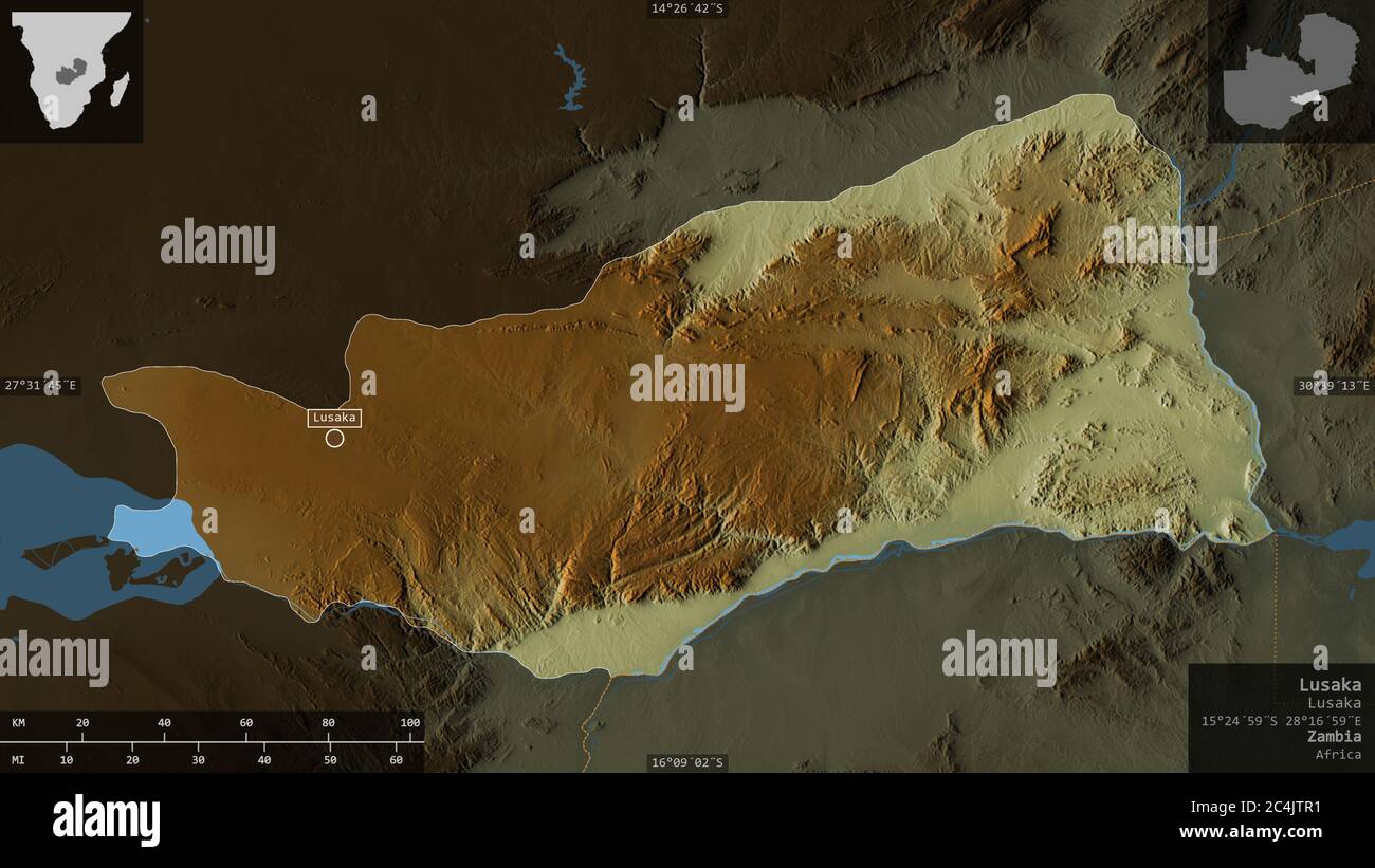 Lusaka, province of Zambia. Colored relief with lakes and rivers. Shape ...