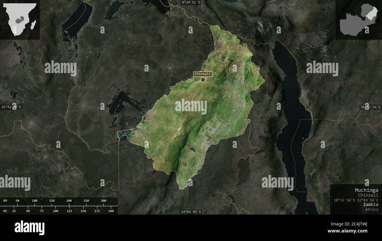 Muchinga, province of Zambia. Satellite imagery. Shape presented ...