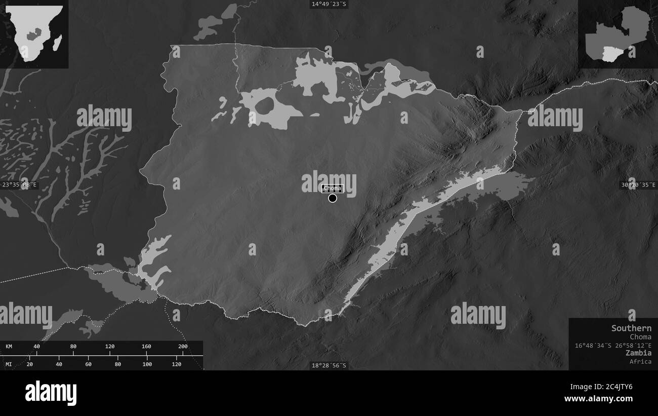 Southern, province of Zambia. Grayscaled map with lakes and rivers ...