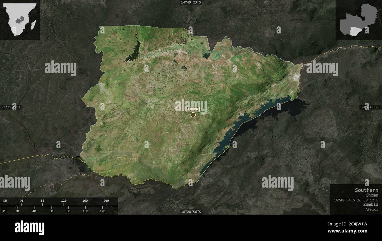 Southern, province of Zambia. Satellite imagery. Shape presented ...