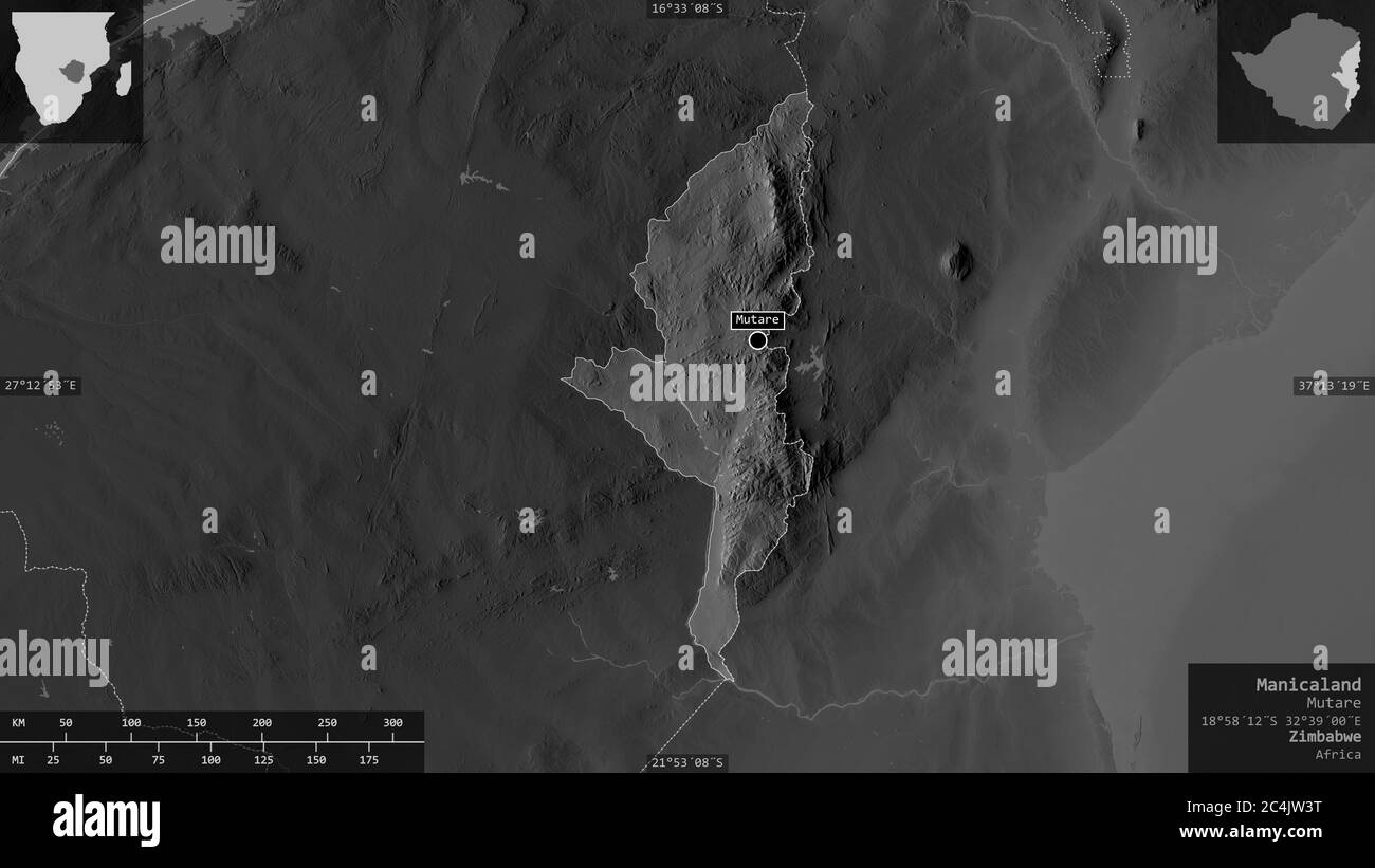 Manicaland, province of Zimbabwe. Grayscaled map with lakes and rivers ...