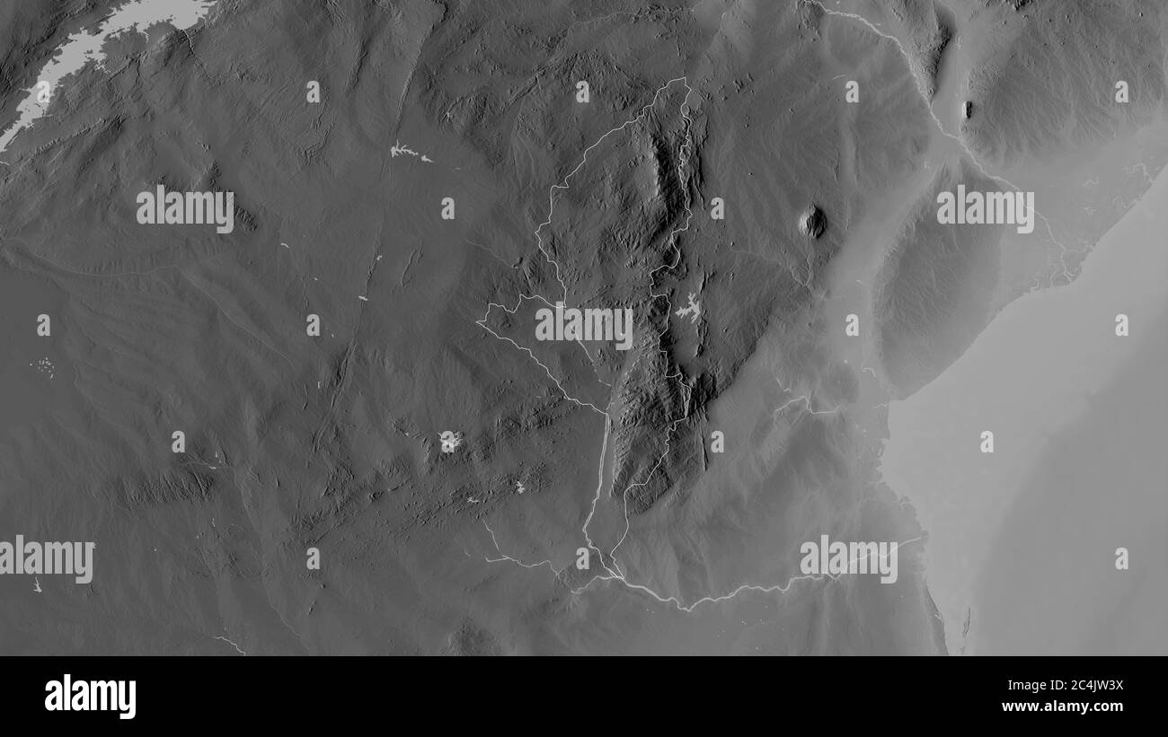 Manicaland, province of Zimbabwe. Grayscaled map with lakes and rivers ...