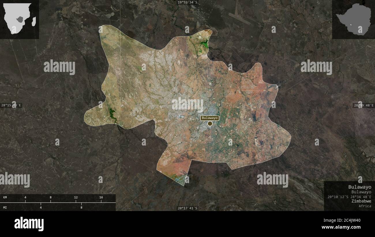 Bulawayo, city of Zimbabwe. Satellite imagery. Shape presented against ...