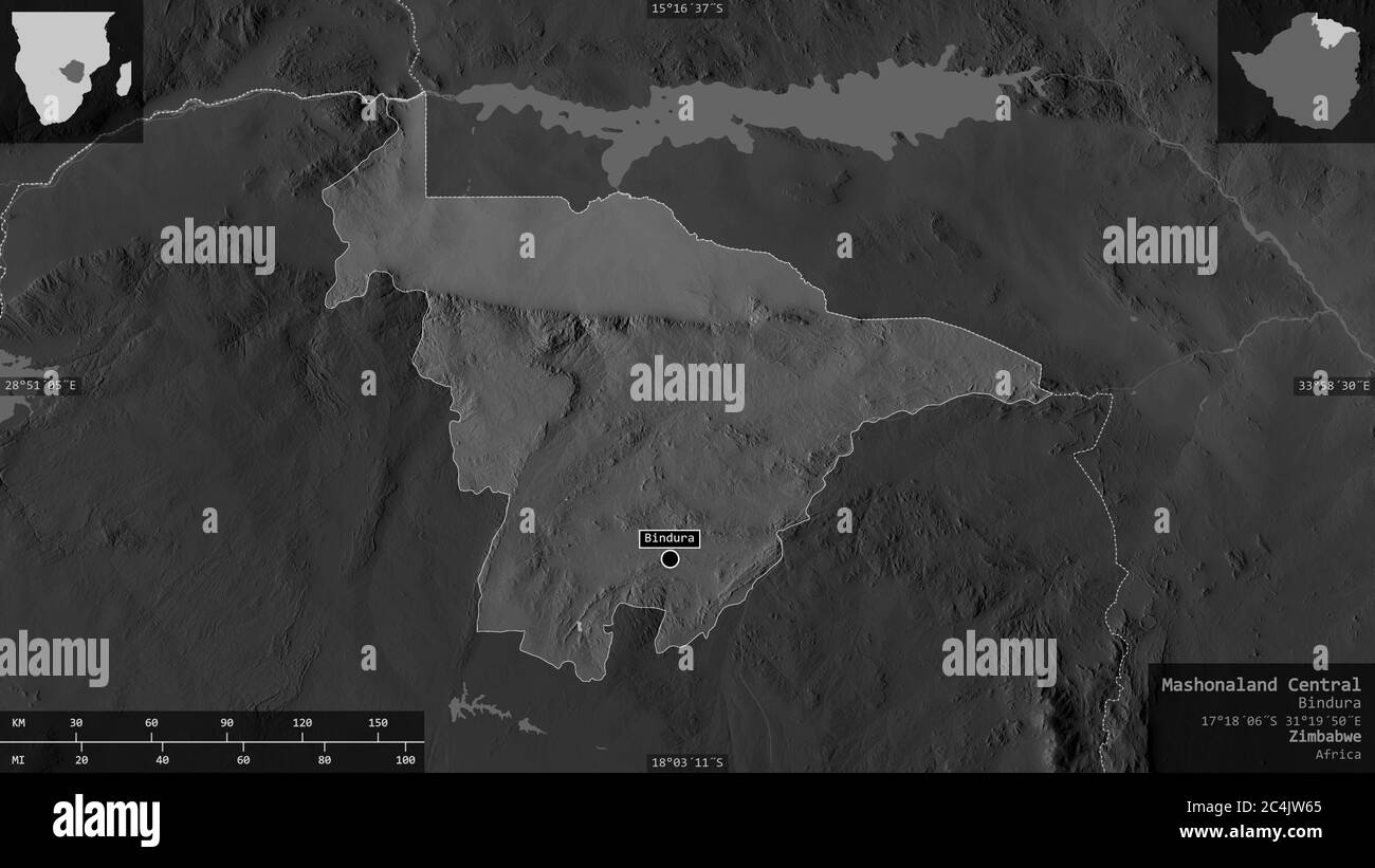 Mashonaland Central, province of Zimbabwe. Grayscaled map with lakes ...