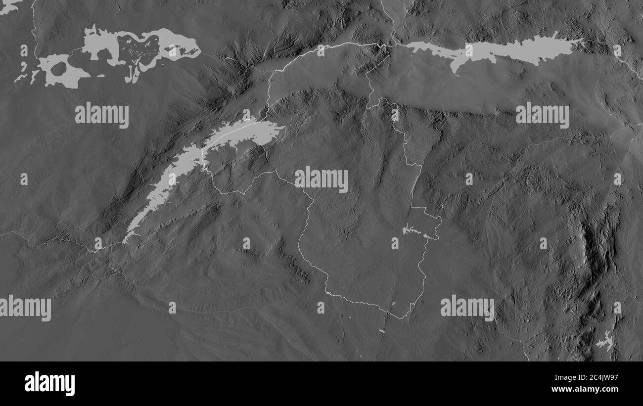 Mashonaland West, province of Zimbabwe. Grayscaled map with lakes and rivers. Shape outlined ...