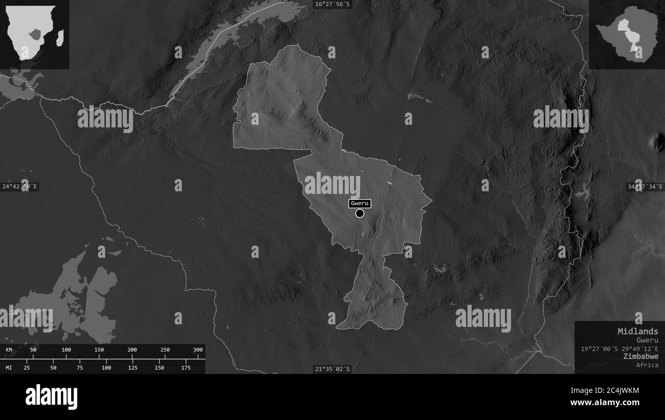 Midlands, province of Zimbabwe. Grayscaled map with lakes and rivers ...