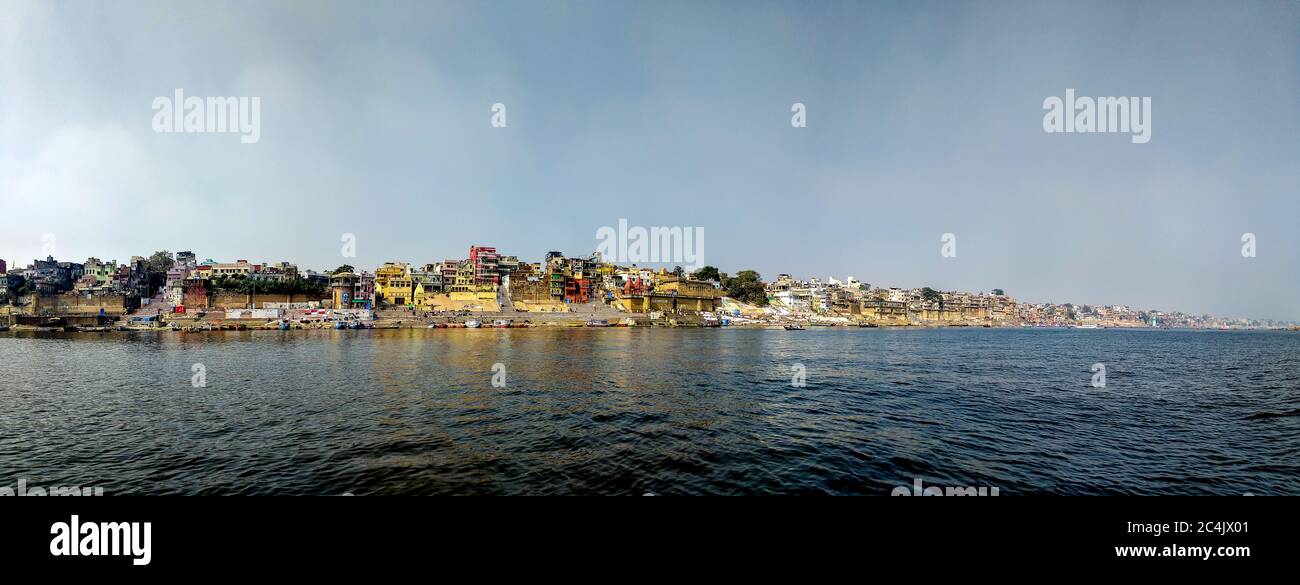 River Ganges, Varanasi, Uttar Pradesh, India; 30-Jan-2019; a panoramic ...