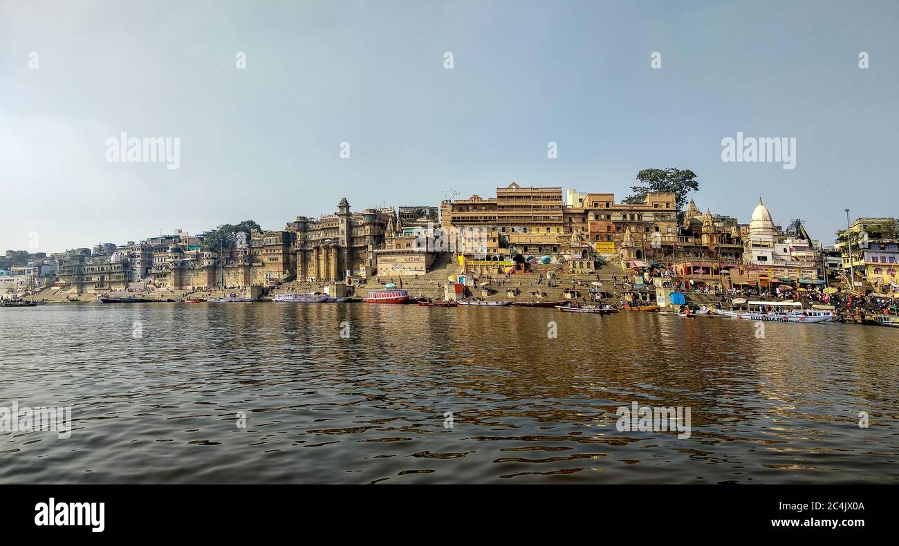 River Ganges, Varanasi, Uttar Pradesh, India; 30-Jan-2019; a panoramic ...