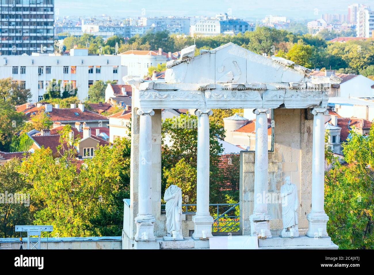 Plovdiv, Bulgaria panoramic background with statue, column and fragment ...