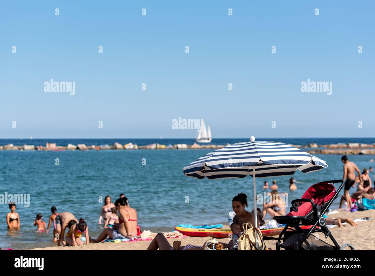 BARCELONA - JUNE 26, 2020: Barceloneta beach with people in summer ...