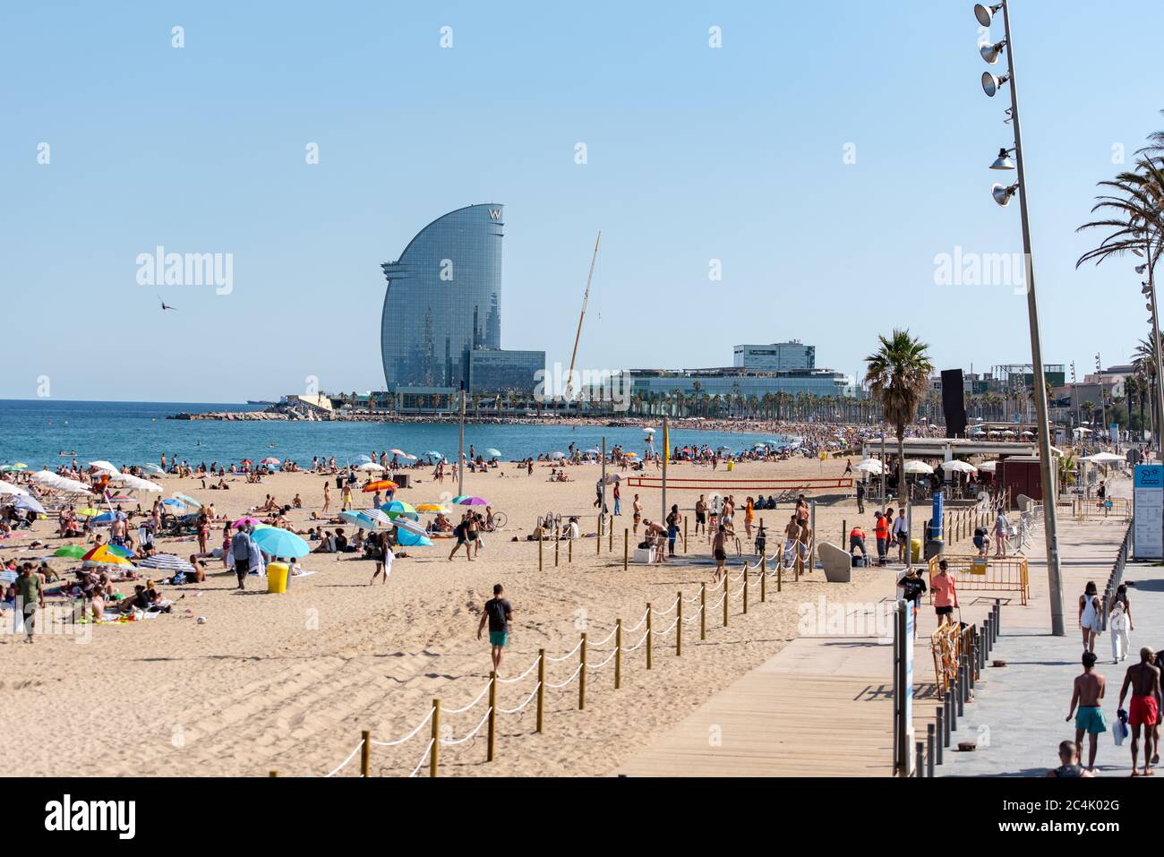 BARCELONA - JUNE 26, 2020: Barceloneta beach with people in summer ...
