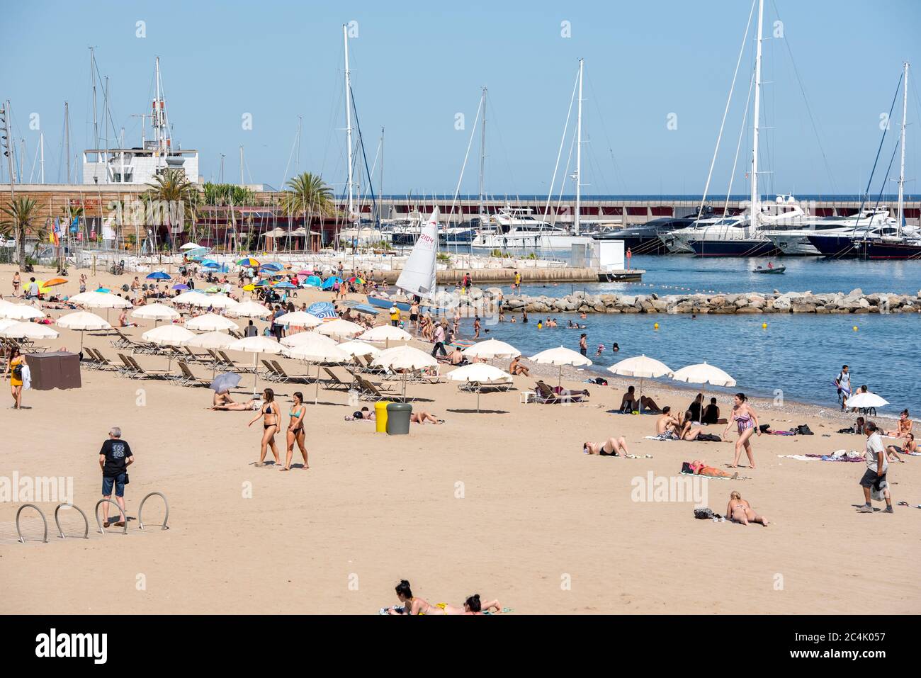 BARCELONA - JUNE 26, 2020: Barceloneta beach with people in summer ...