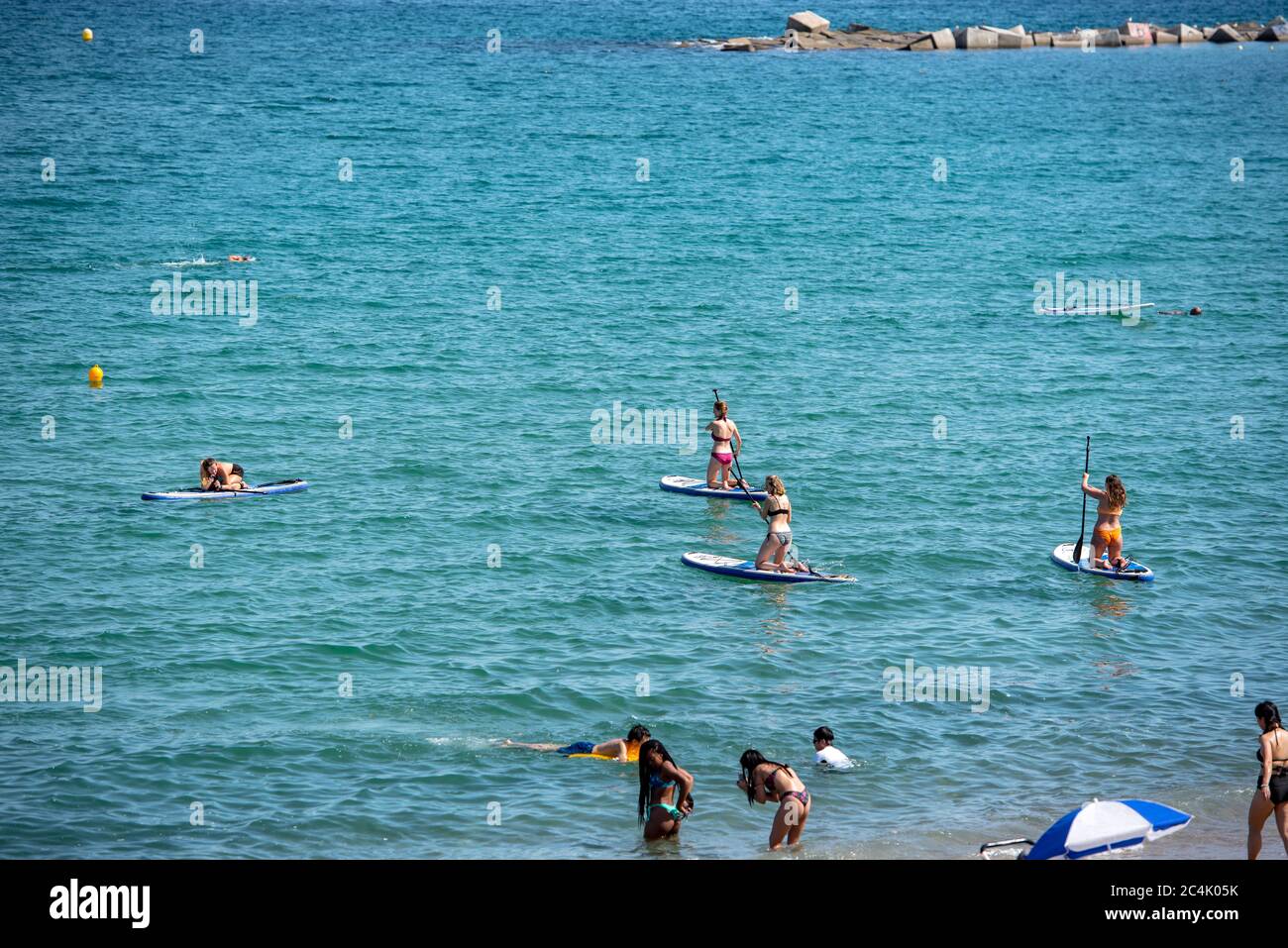 BARCELONA - JUNE 26, 2020: Barceloneta beach with people in summer ...