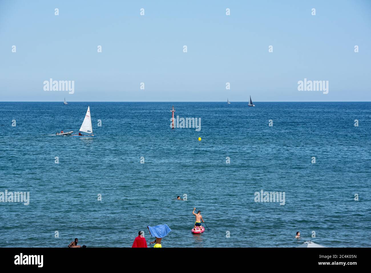 BARCELONA - JUNE 26, 2020: Barceloneta beach with people in summer ...