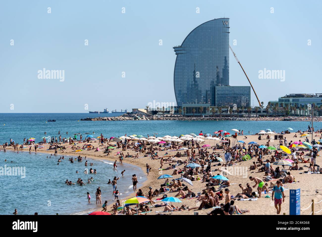 BARCELONA - JUNE 26, 2020: Barceloneta beach with people in summer ...
