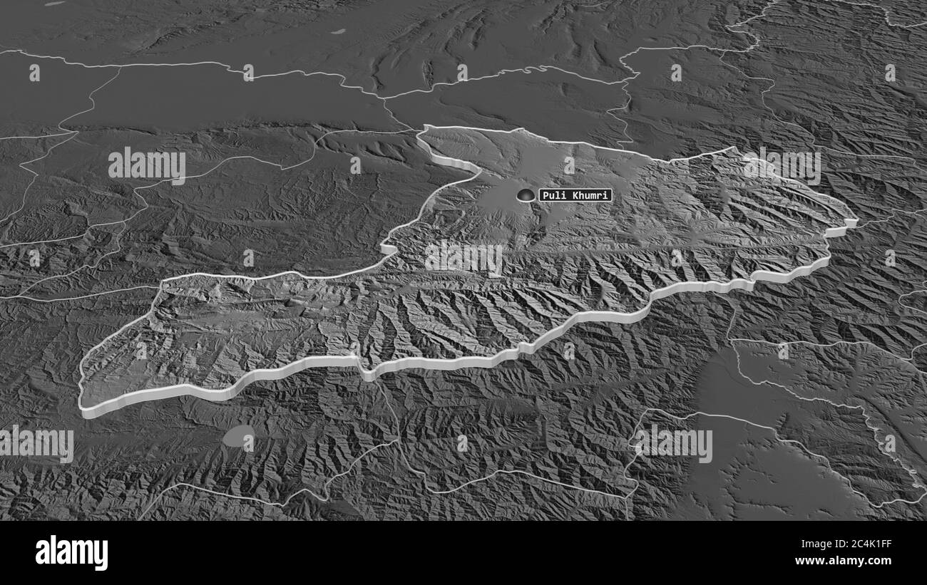 Zoom in on Baghlan (province of Afghanistan) extruded. Oblique ...