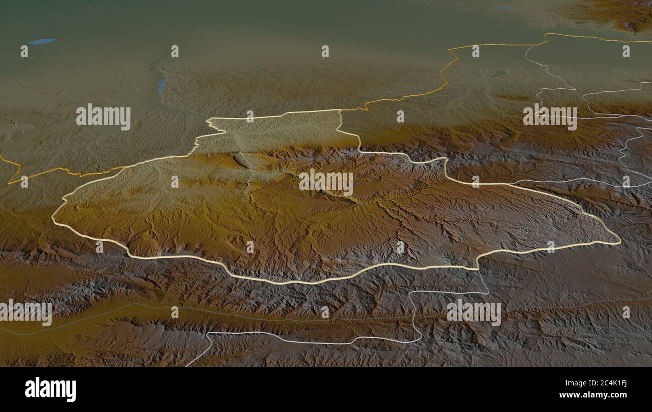 Zoom in on Badghis (province of Afghanistan) outlined. Oblique ...