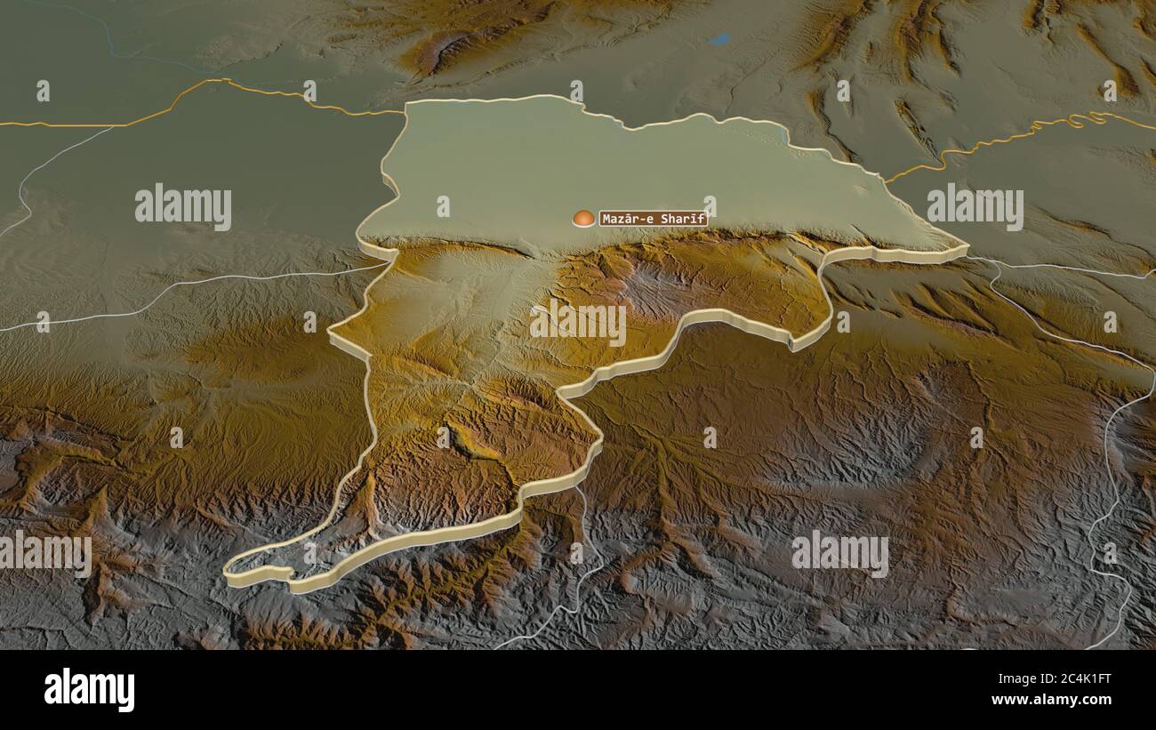 Zoom in on Balkh (province of Afghanistan) extruded. Oblique ...