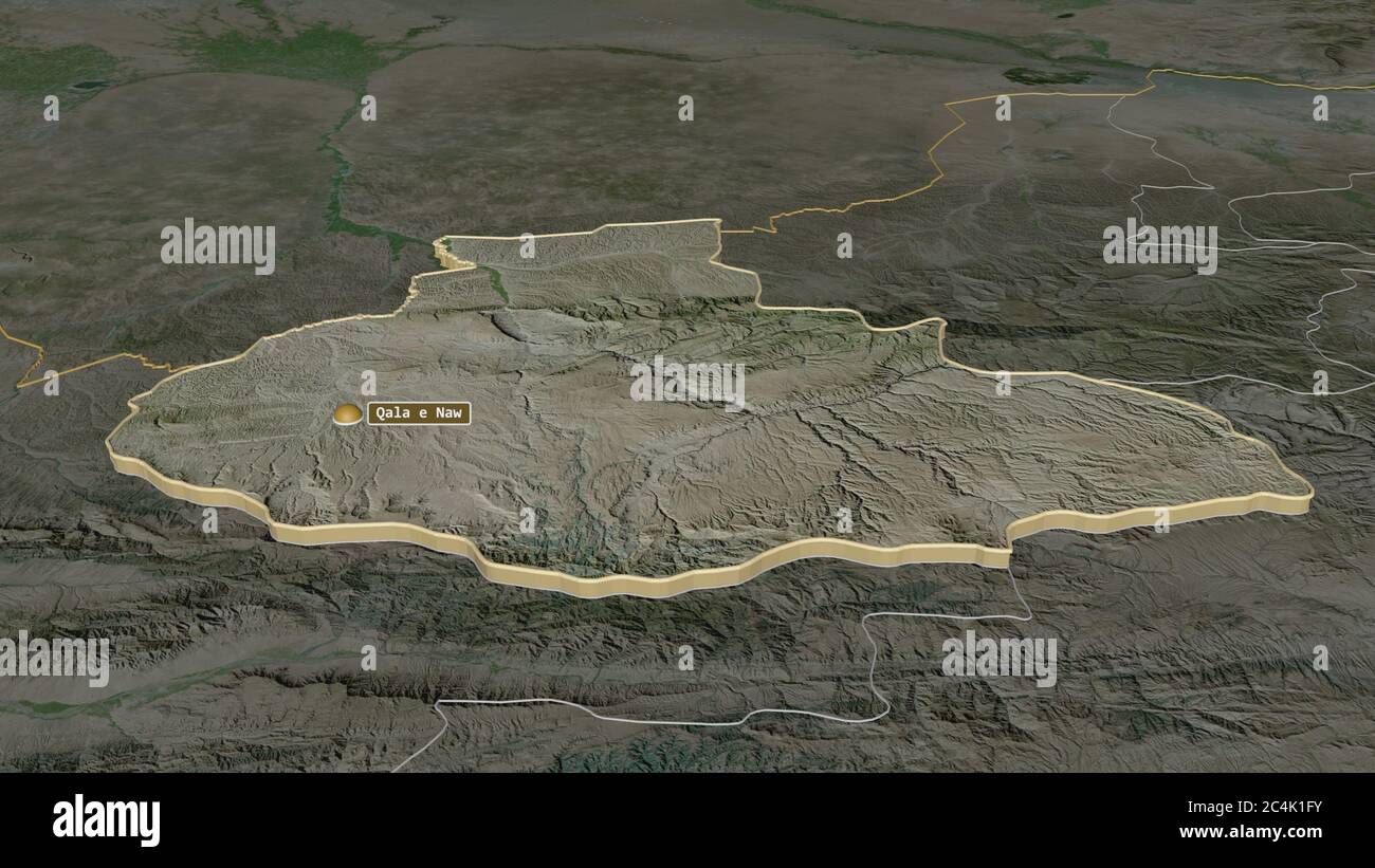 Zoom in on Badghis (province of Afghanistan) extruded. Oblique ...