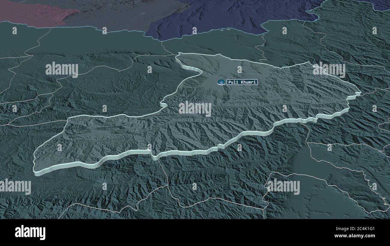 Zoom in on Baghlan (province of Afghanistan) extruded. Oblique ...