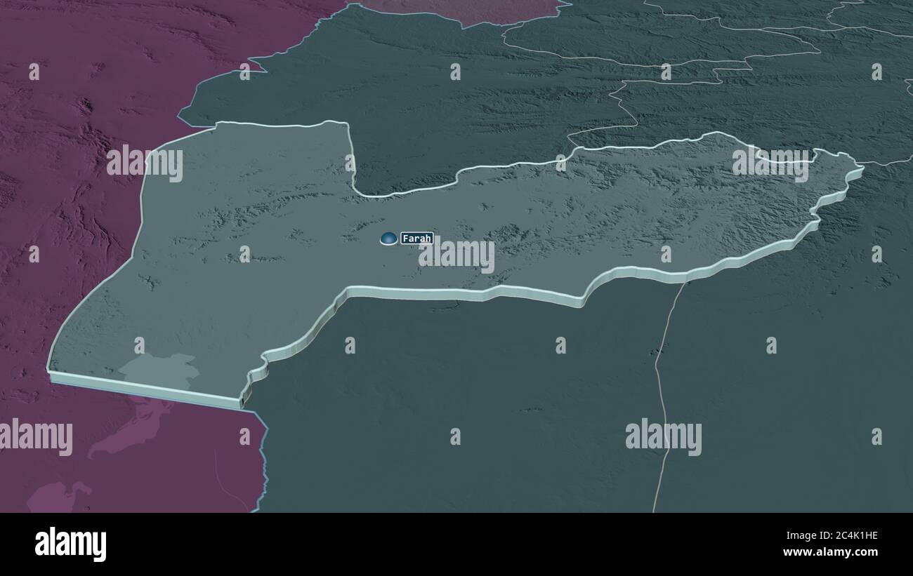 Zoom in on Farah (province of Afghanistan) extruded. Oblique ...