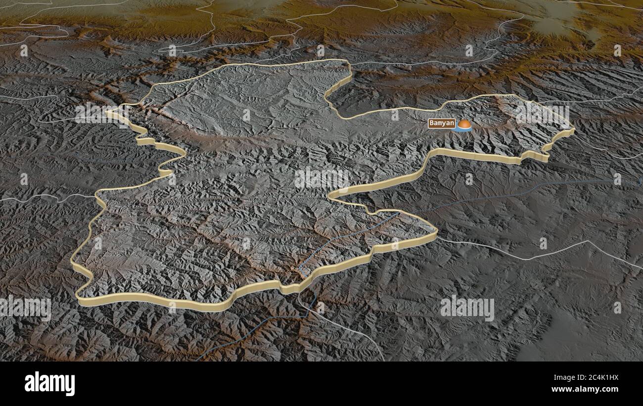 Zoom in on Bamyan (province of Afghanistan) extruded. Oblique ...