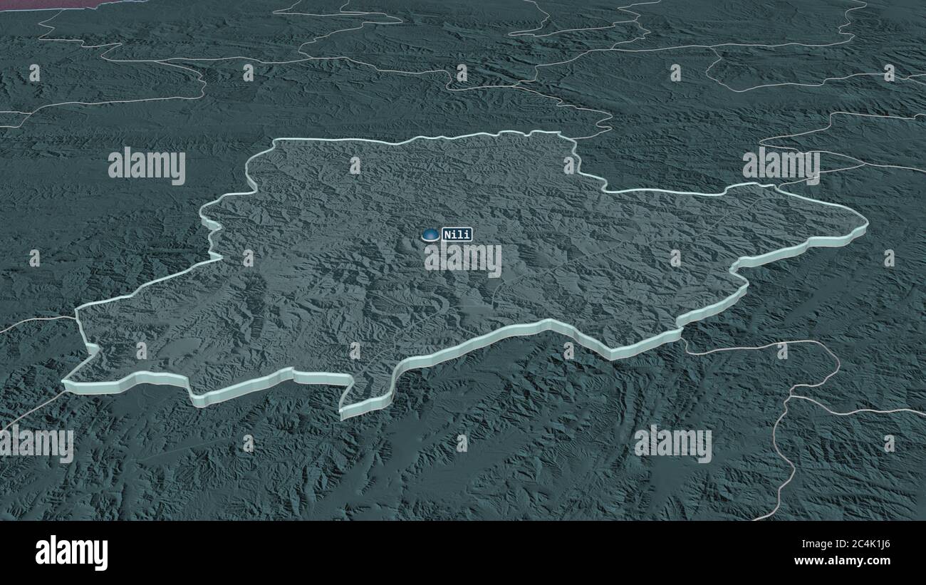 Zoom in on Daykundi (province of Afghanistan) extruded. Oblique ...