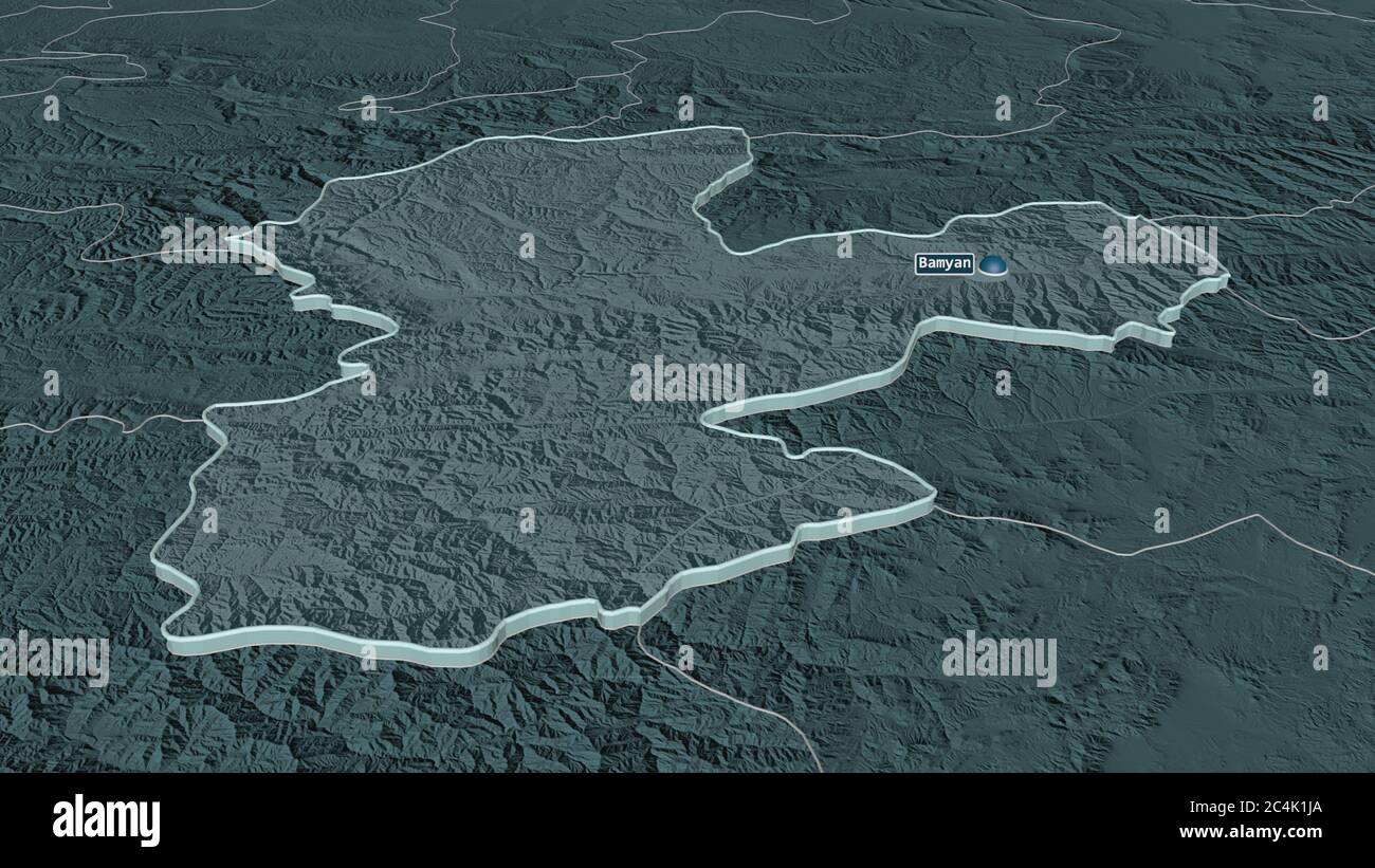 Zoom in on Bamyan (province of Afghanistan) extruded. Oblique ...