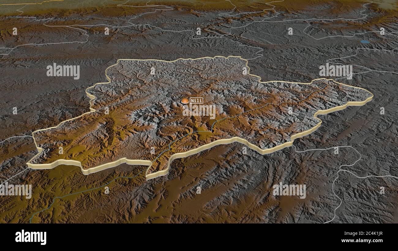 Zoom in on Daykundi (province of Afghanistan) extruded. Oblique ...
