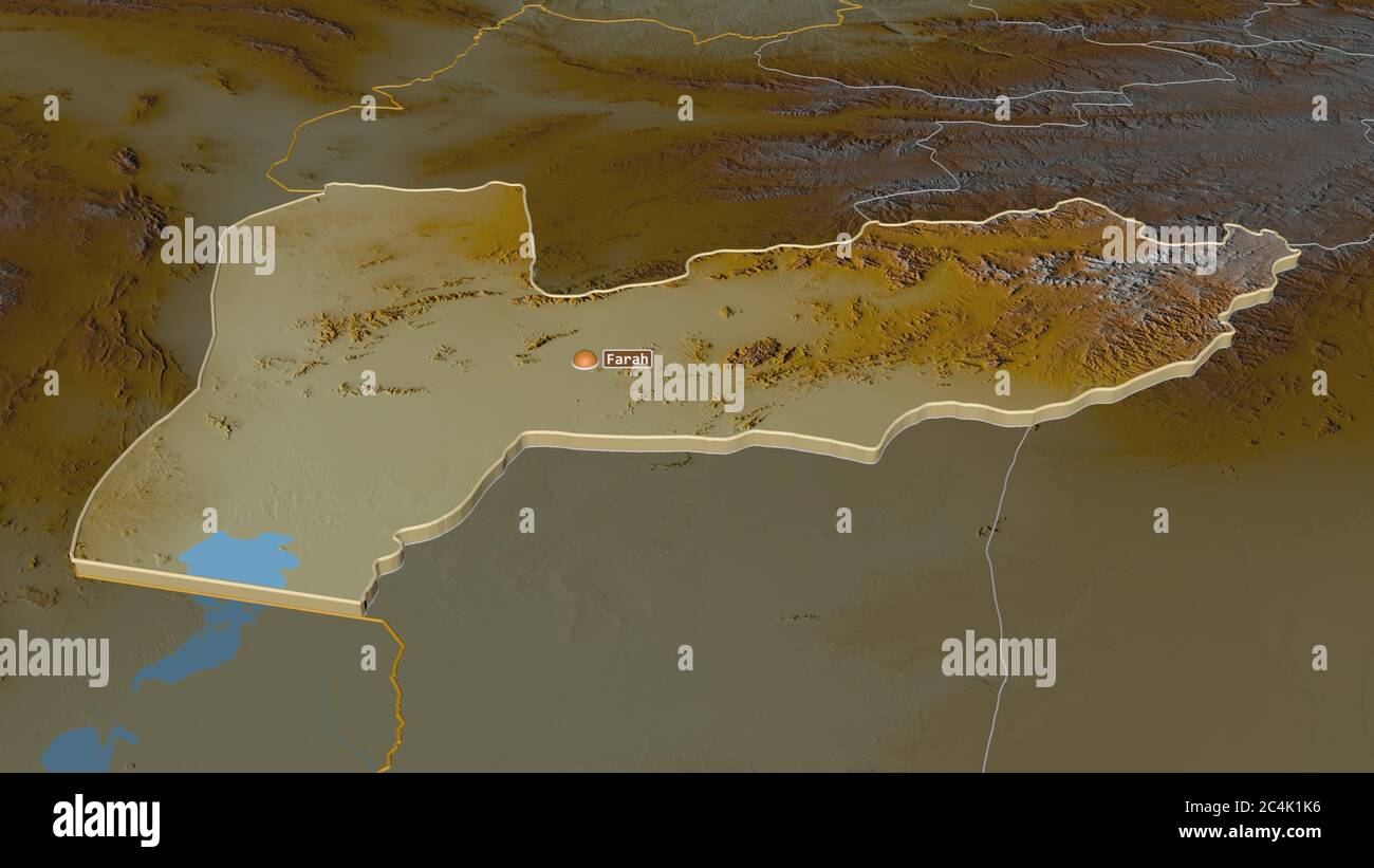 Zoom in on Farah (province of Afghanistan) extruded. Oblique ...