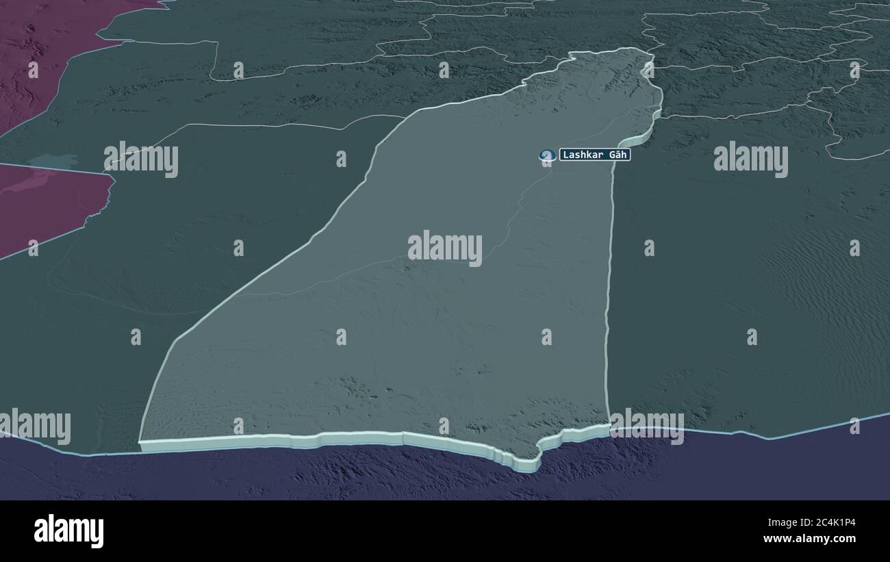 Zoom in on Helmand (province of Afghanistan) extruded. Oblique ...