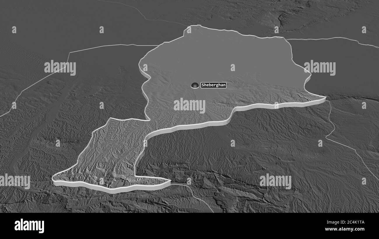 Zoom in on Jowzjan (province of Afghanistan) extruded. Oblique ...